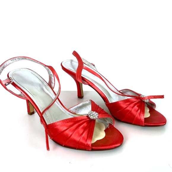 David's Bridal | Shoes | Peep Toe Red Satin High Heels Dress Shoes ...
